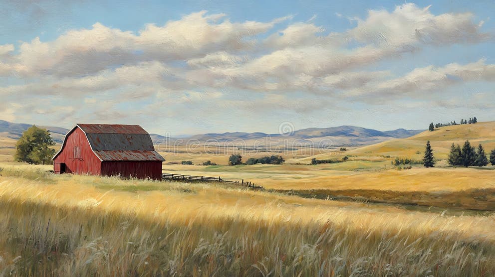 A Peaceful Rural Landscape with a Red Barn and Rolling Pastures. Stock ...