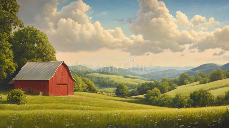 A Peaceful Rural Landscape with a Red Barn and Rolling Pastures. Stock ...
