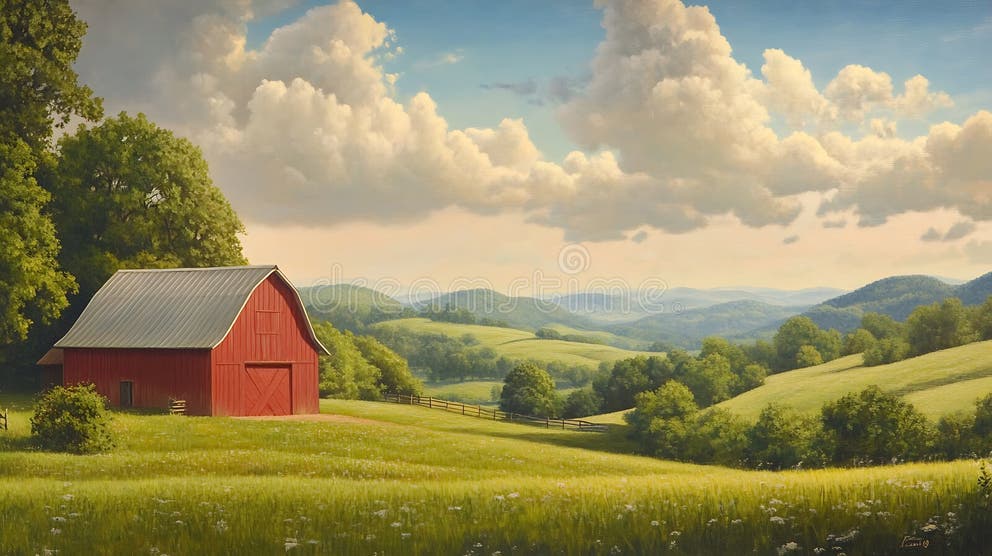A Peaceful Rural Landscape with a Red Barn and Rolling Pastures. Stock ...