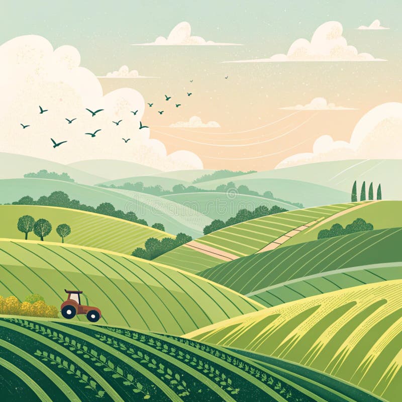 Peaceful Rural Landscape with Rolling Hills, Cultivated Fields, and a ...