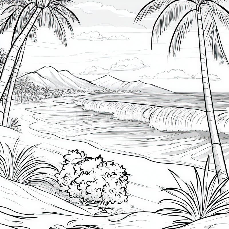 A Peaceful Scene of a Beach with Waves , Coloring Page for Kids Stock ...