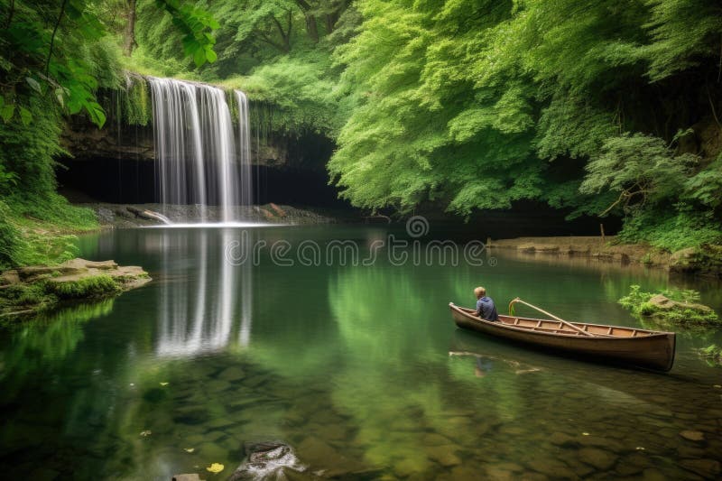 Peaceful Scene with Cascading Waterfall and Rowing Boat in the ...
