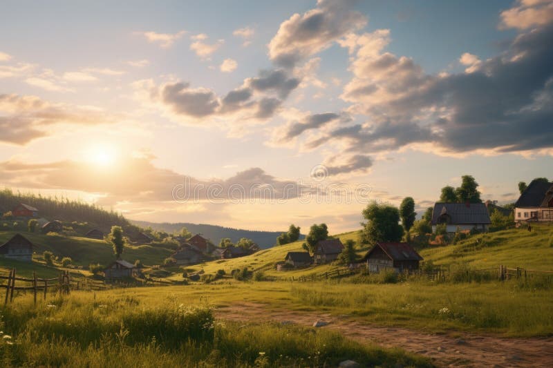 A Peaceful Scene of a Grassy Field with a Dirt Road Stock Image - Image ...