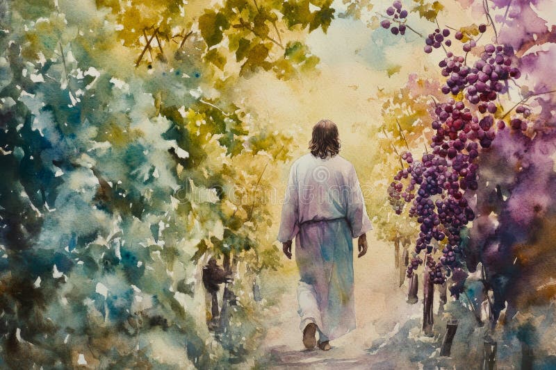 A Peaceful Scene of Jesus Walking through a Lush Vineyard, with Vines ...