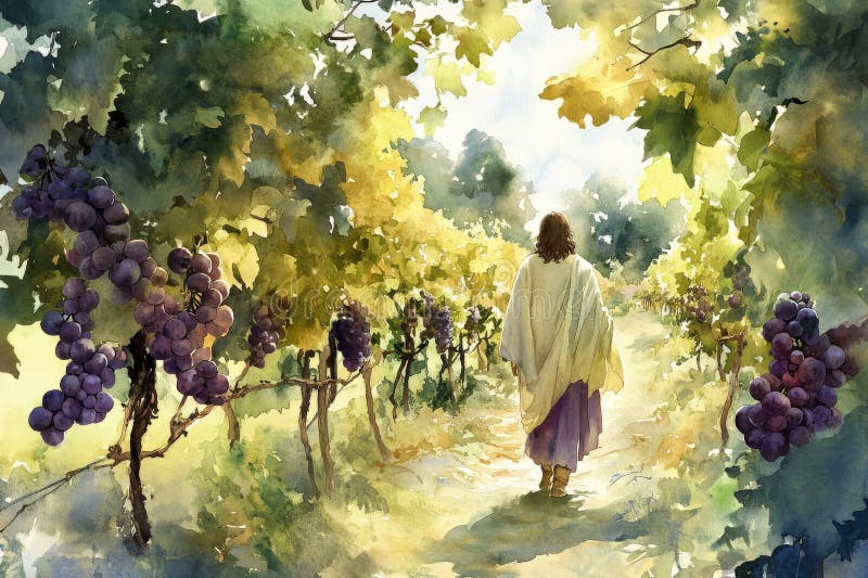 A Peaceful Scene of Jesus Walking through a Lush Vineyard, with Vines ...