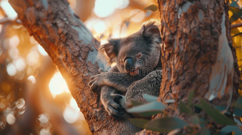 Peaceful Scene of a Koala Resting in a Eucalyptus Tree with Gentle ...