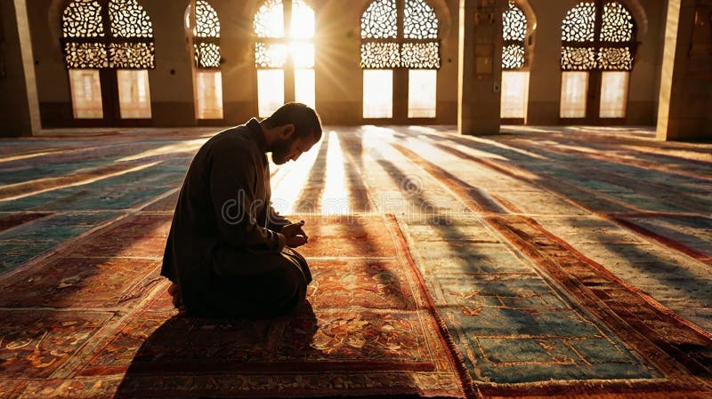 Peaceful Scene of a Man Praying on a Prayer Mat Stock Illustration ...