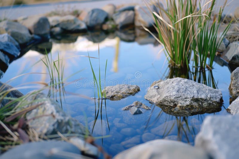 A Peaceful Scene of a Pond Surrounded by Rocks and Grass, Located Next ...