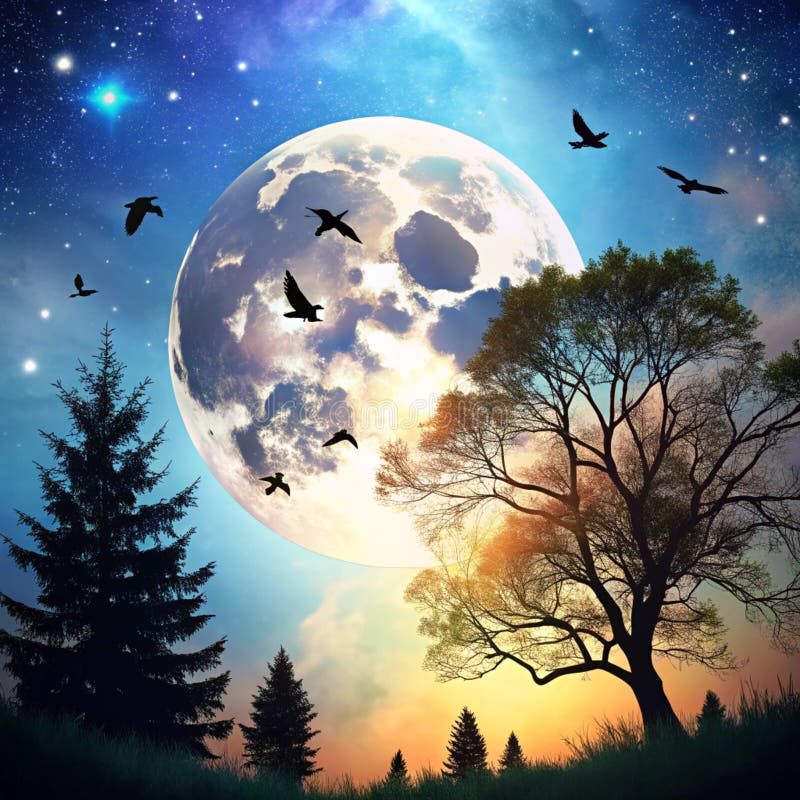 Sky Moon Gradient Birds Leaves Trees Stock Illustration - Illustration ...