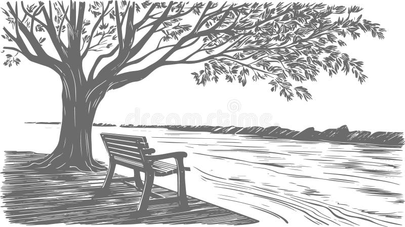 Peaceful Scene with a Tree and Bench by the River Stock Illustration ...