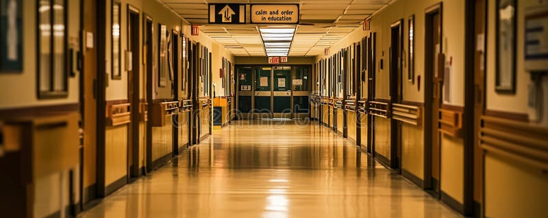 A Peaceful School Corridor, Its Classroom Doors and Exit Signs Visible ...