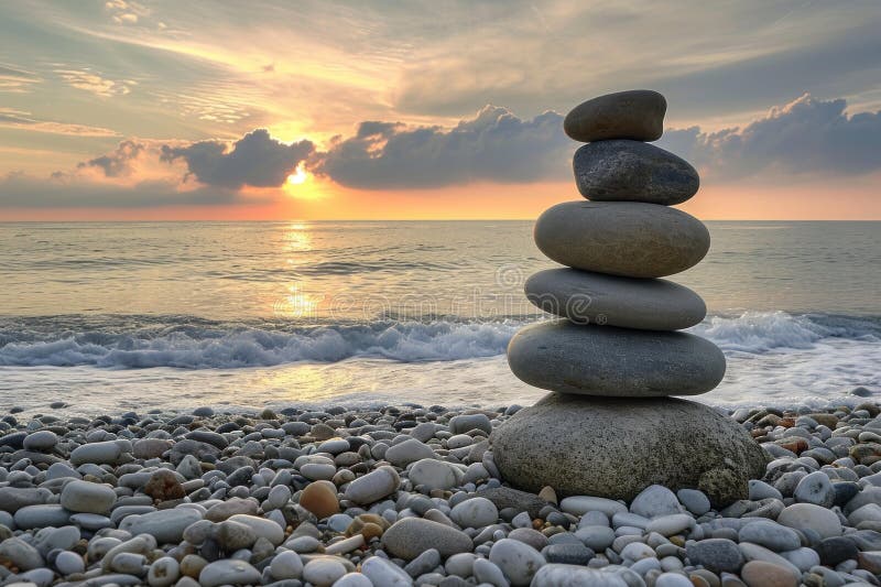 Serene Beach Sunset with Zen Stone Stack Stock Illustration ...