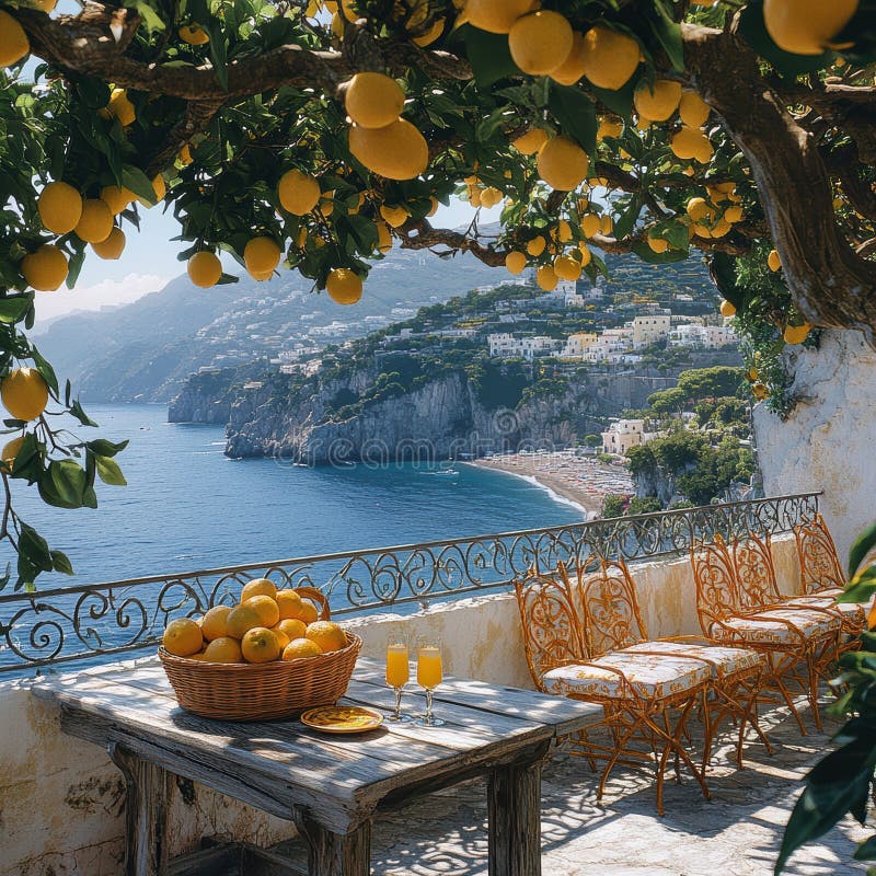A Peaceful Seaside Patio Scene, with a Lemon Tree, Table for Two, Fresh ...