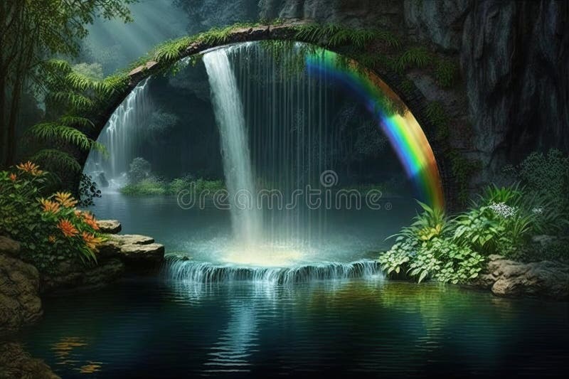 Peaceful and Serene Waterfall, with Rainbow Arching Over the Water and ...