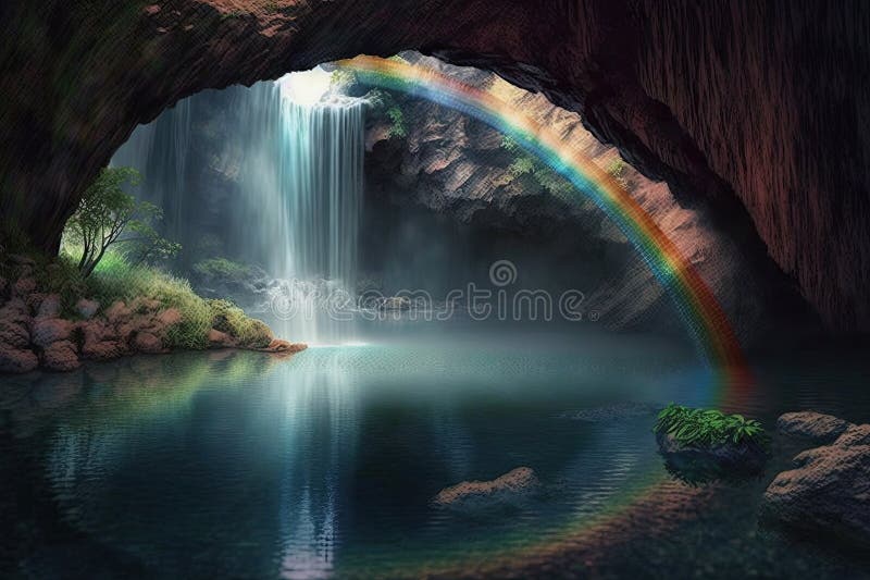 Peaceful and Serene Waterfall, with Rainbow Arching Over the Water and ...