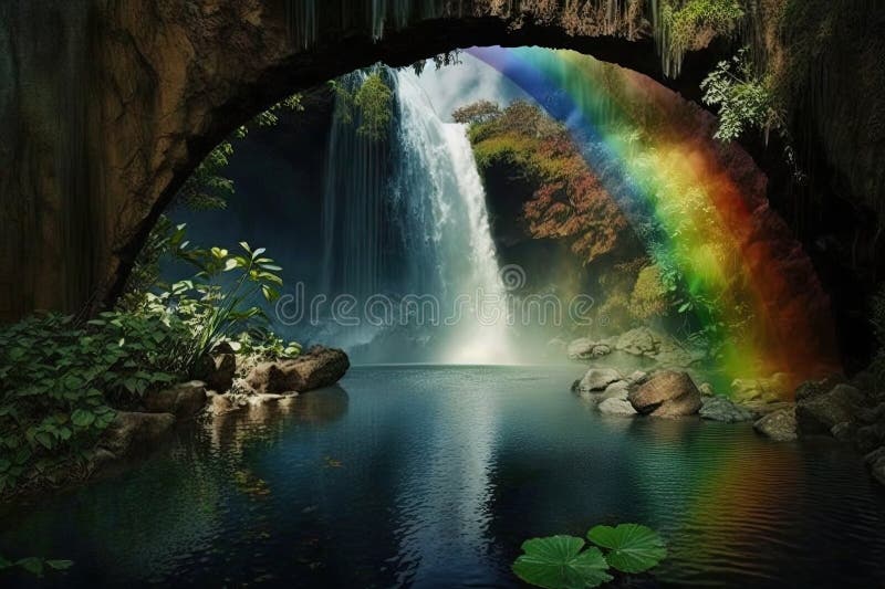Peaceful and Serene Waterfall, with Rainbow Arching Over the Water and ...