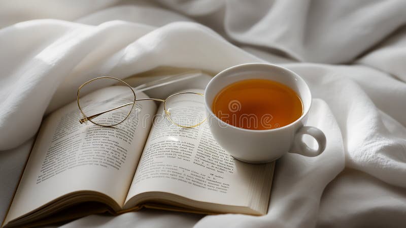 A Peaceful Setting with a Cup of Tea, Reading Glasses, and an Open Book ...