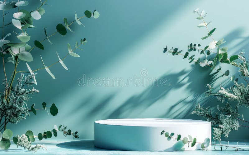 Serene Display Stand with Delicate Eucalyptus Branches in Soothing ...