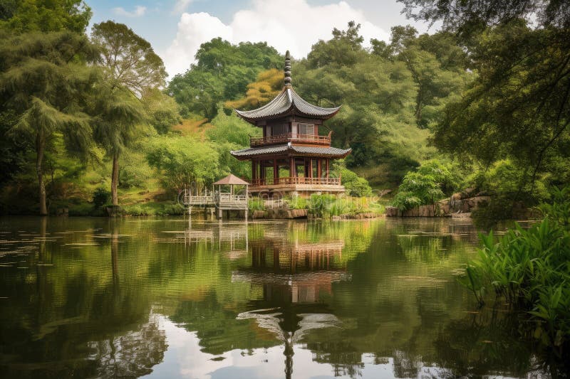 Peaceful Setting with View of Tranquil Lake and Pagoda in the Distance ...