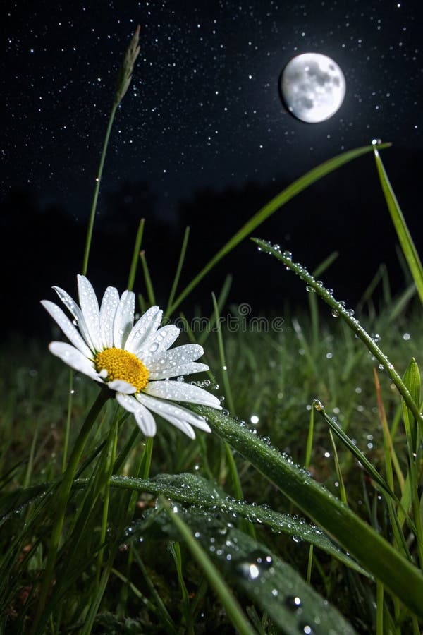 Peaceful Sleeping Daisy Flower Under Moonlight Stock Illustration ...