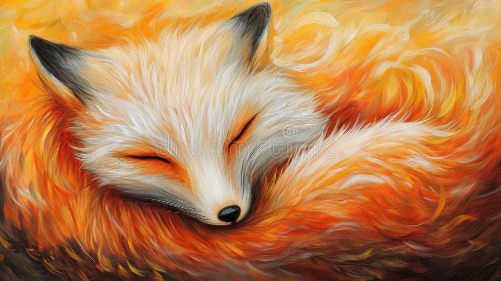 Peaceful Sleeping Fox Embracing Warmth of Fire Stock Illustration ...
