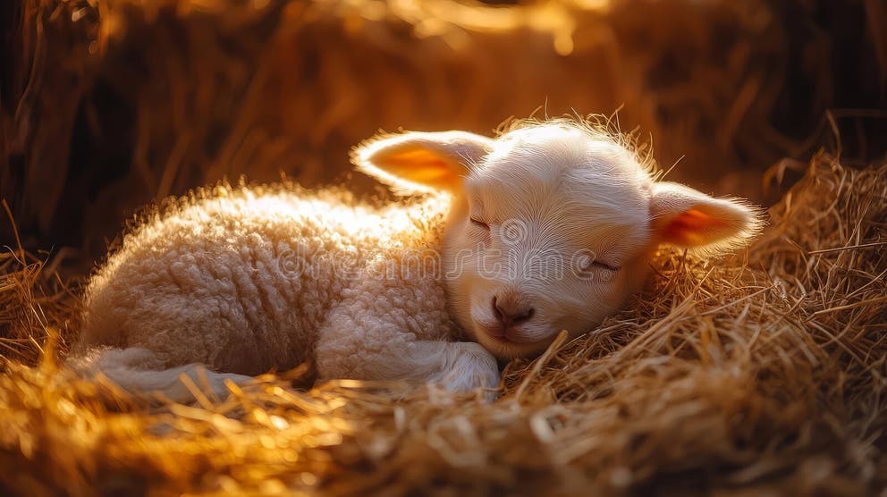 A Peaceful Sleeping Lamb Resting on Soft Hay in Warm Sunlight Stock ...