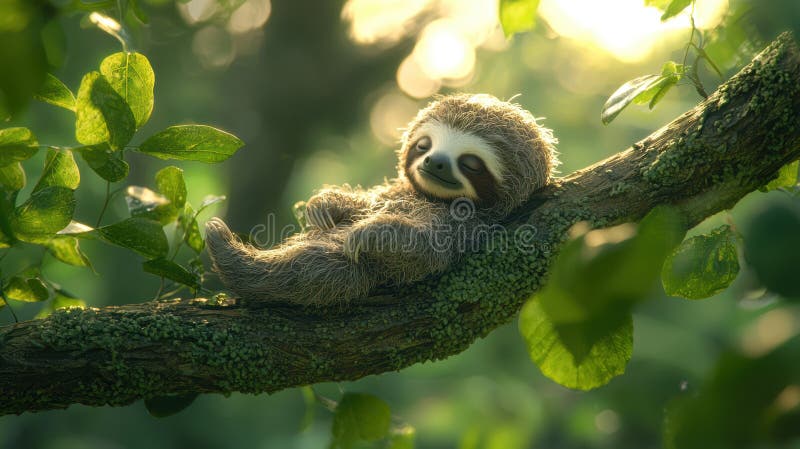 Peaceful Sloth Resting on a Branch in Lush Rainforest Stock ...