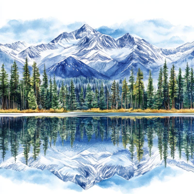 Peaceful, Snow-topped Mountains Mirrored in a Tranquil Lake Stock Photo ...