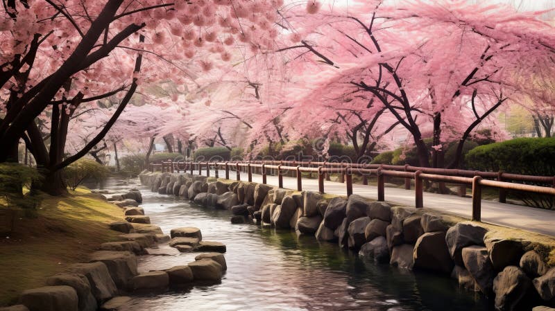 A Peaceful and Soothing Image of a Tranquil Cherry Blossom Garden with ...