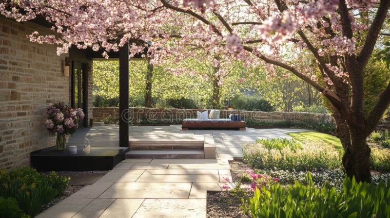 Peaceful Spring Garden with Pink Cherry Blossoms and Stone Patio Stock ...