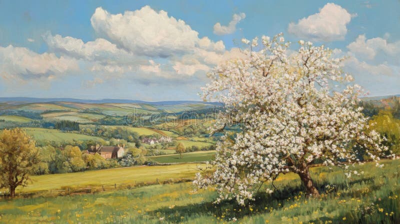 Peaceful Spring Landscape with Blossoming Tree and Rolling Green Hills ...