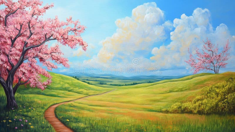 Peaceful Spring Landscape with Cherry Blossoms and Rolling Hills Stock ...
