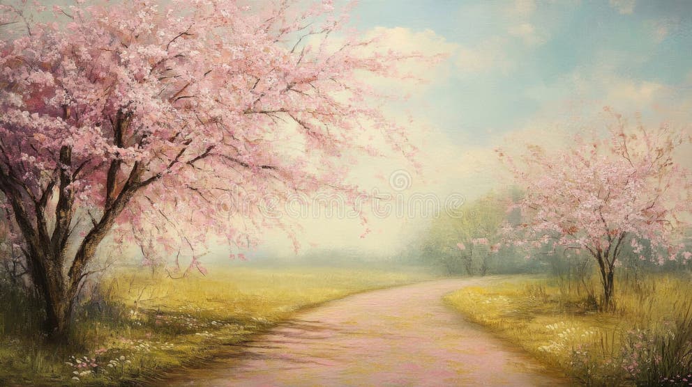 Peaceful Spring Landscape with Cherry Blossoms and a Winding Path Stock ...