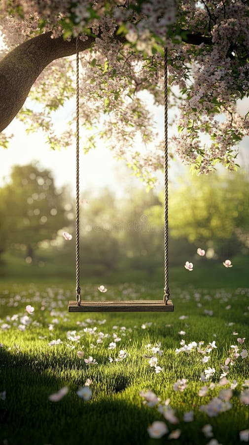 A Peaceful Spring Meadow with a Wooden Swing Hanging from a Blooming ...