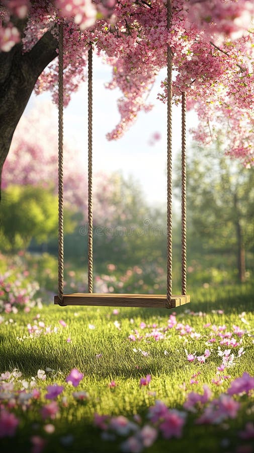 A Peaceful Spring Meadow with a Wooden Swing Hanging from a Blooming ...