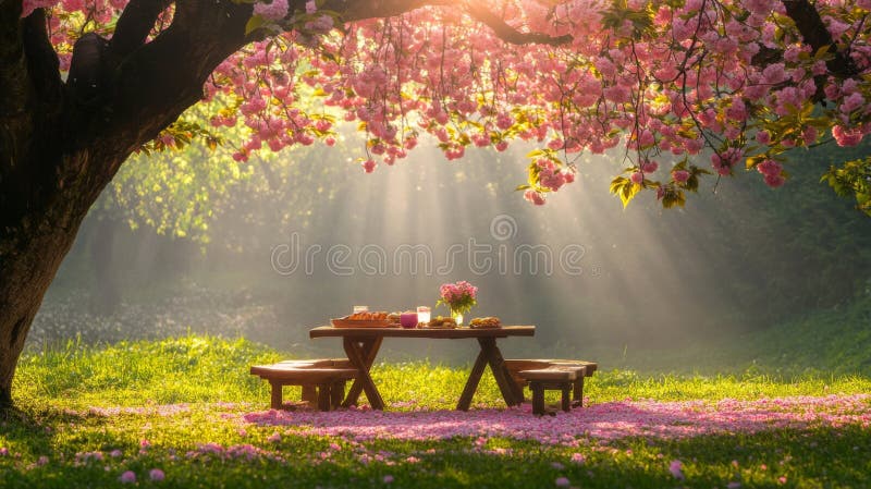 Peaceful Spring Picnic Under Cherry Blossom Tree Stock Illustration ...