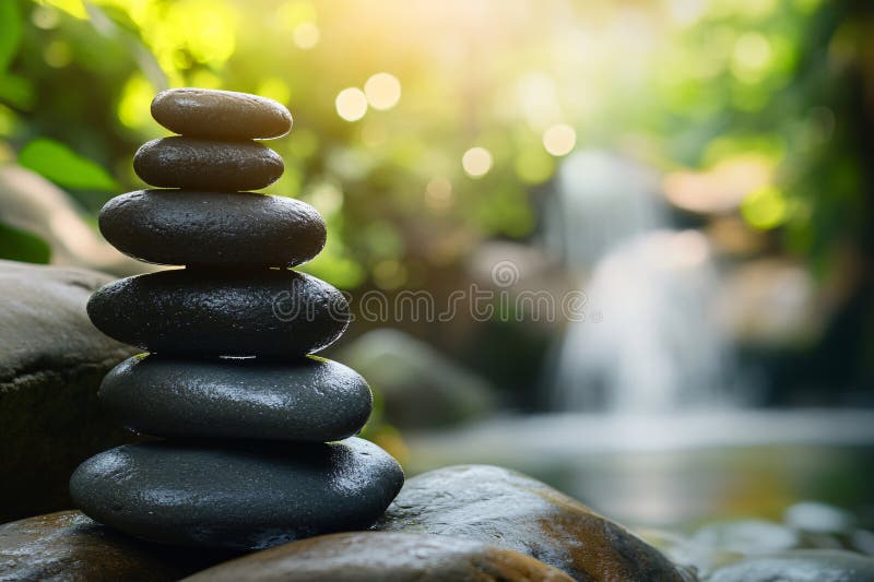 Peaceful Stack of Black Stones Balanced on River Rocks by a Flowing ...