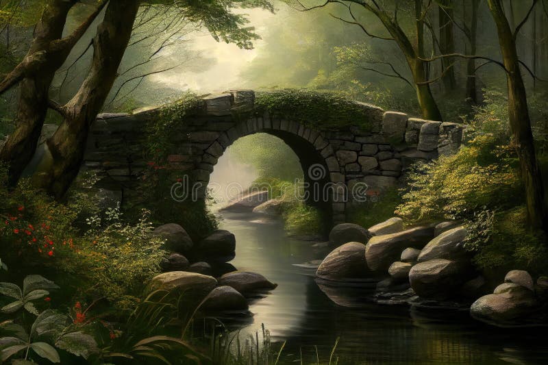 Peaceful Stone Bridge Surrounded by Lush Greenery, with a Babbling ...
