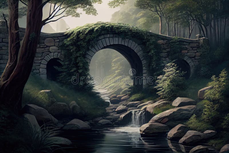 Peaceful Stone Bridge Surrounded by Lush Greenery, with a Waterfall in ... Peaceful Stone Bridge Surrounded by Lush Greenery, with a Waterfall in ...