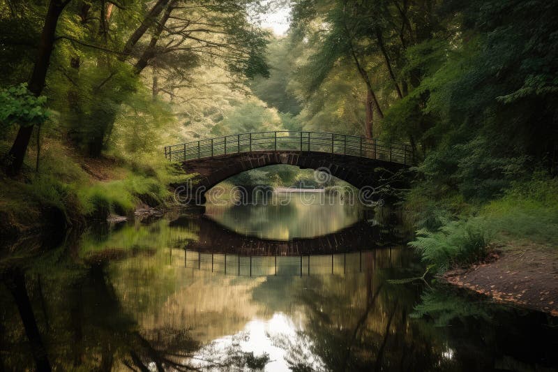Peaceful Stream with Bridge and Reflection of Trees on the Water Stock ...