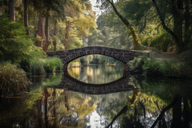 Peaceful Stream with Bridge and Reflection of Trees on the Water Stock ...