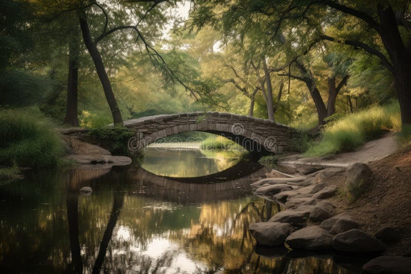 Peaceful Stream with Bridge and Reflection of Trees on the Water Stock ...
