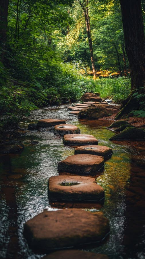 Peaceful Stream Flowing through the Forest. Smooth Stones Create a ...