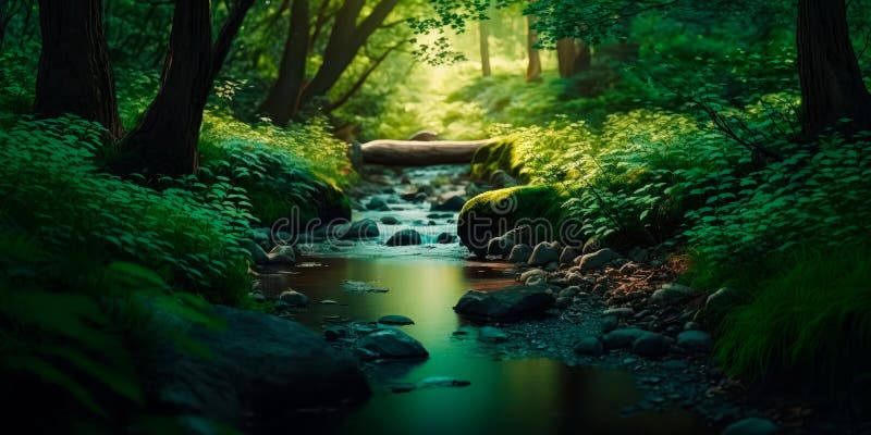 Peaceful Stream Flowing through a Lush Green Forest Generative AI Stock ...
