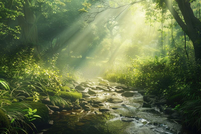 Peaceful Stream Flowing Vibrant Green Forest Ideal Nature Backgrounds ...