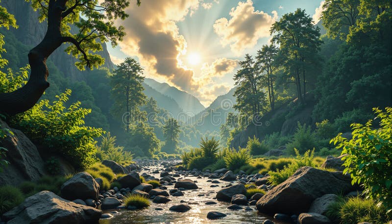 A Peaceful Stream Flows through a Lush Forest, with Sunlight Filtering through the Trees ...