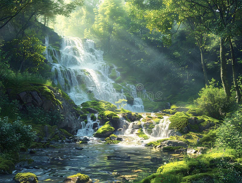 Peaceful Stream in Quiet Forest Stock Illustration - Illustration of ...