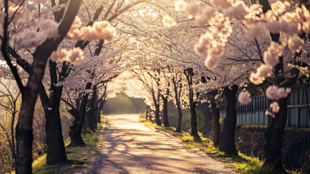 Peaceful Stroll Beneath a Canopy of Blooming Cherry Blossoms Stock ...