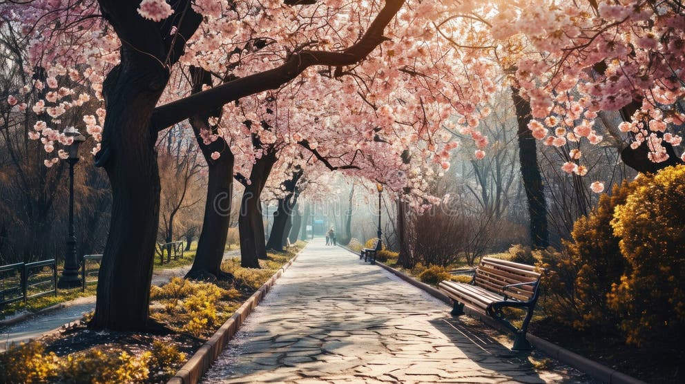 Peaceful Stroll Beneath a Canopy of Blooming Cherry Blossoms Stock ...