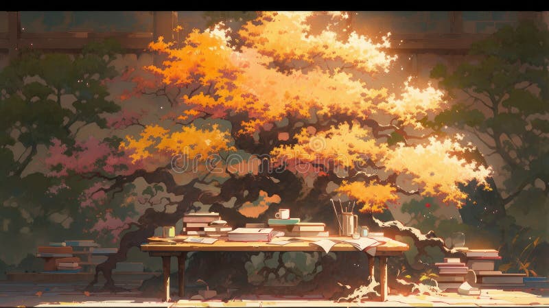 Autumn Tree Over a Study Table with Books Stock Illustration ...